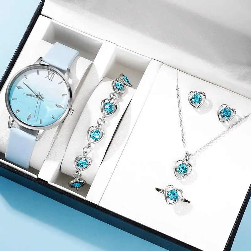 6Pcs-Set-Fashion-Women-Simple-Wrist-Watches-Blue-Rhinestone-Quartz ...
