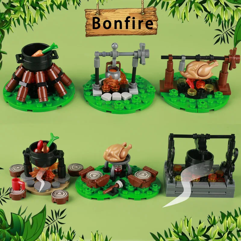 City-MOC-Bonfire-Model-Building-Blocks-Roast-Chicken-Rack-Soup-Camping ...