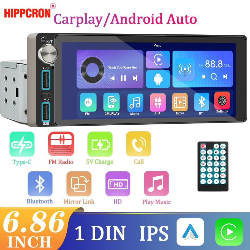 6.86'' Car Radio 1Din CarPlay Android Auto Multimedia Player Bluetooth ...