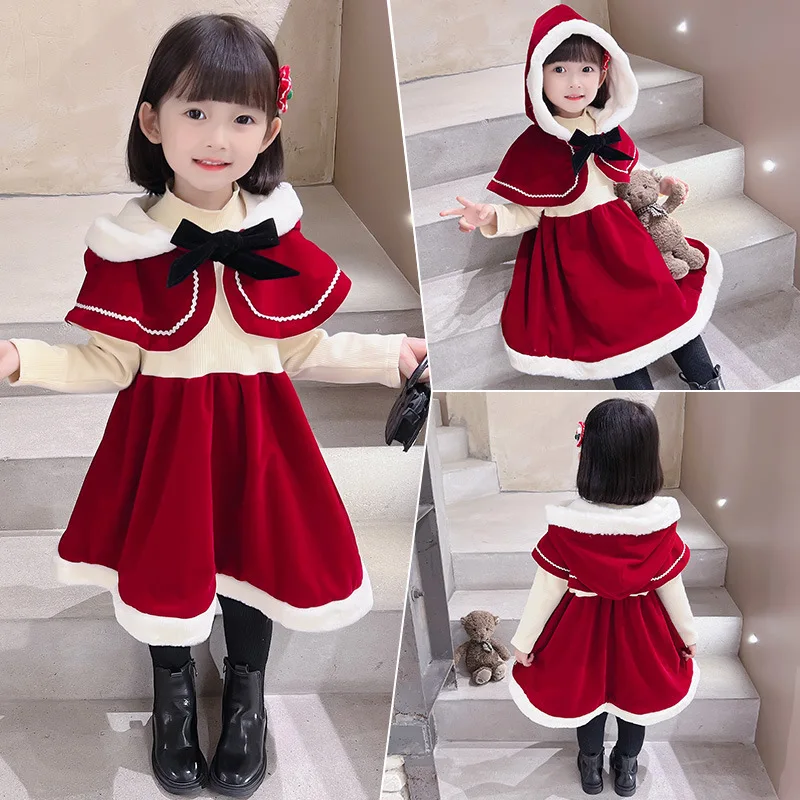 2023Winter-1-6Y-Christmas-Dress-for-Girls-Red-Velvet-Cloak-Flared-Dress ...