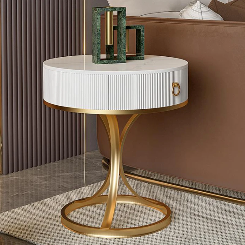 Marble Top Sofa Side Ribbed Round accent Tables with drawer storage. Small end tables. White top ...