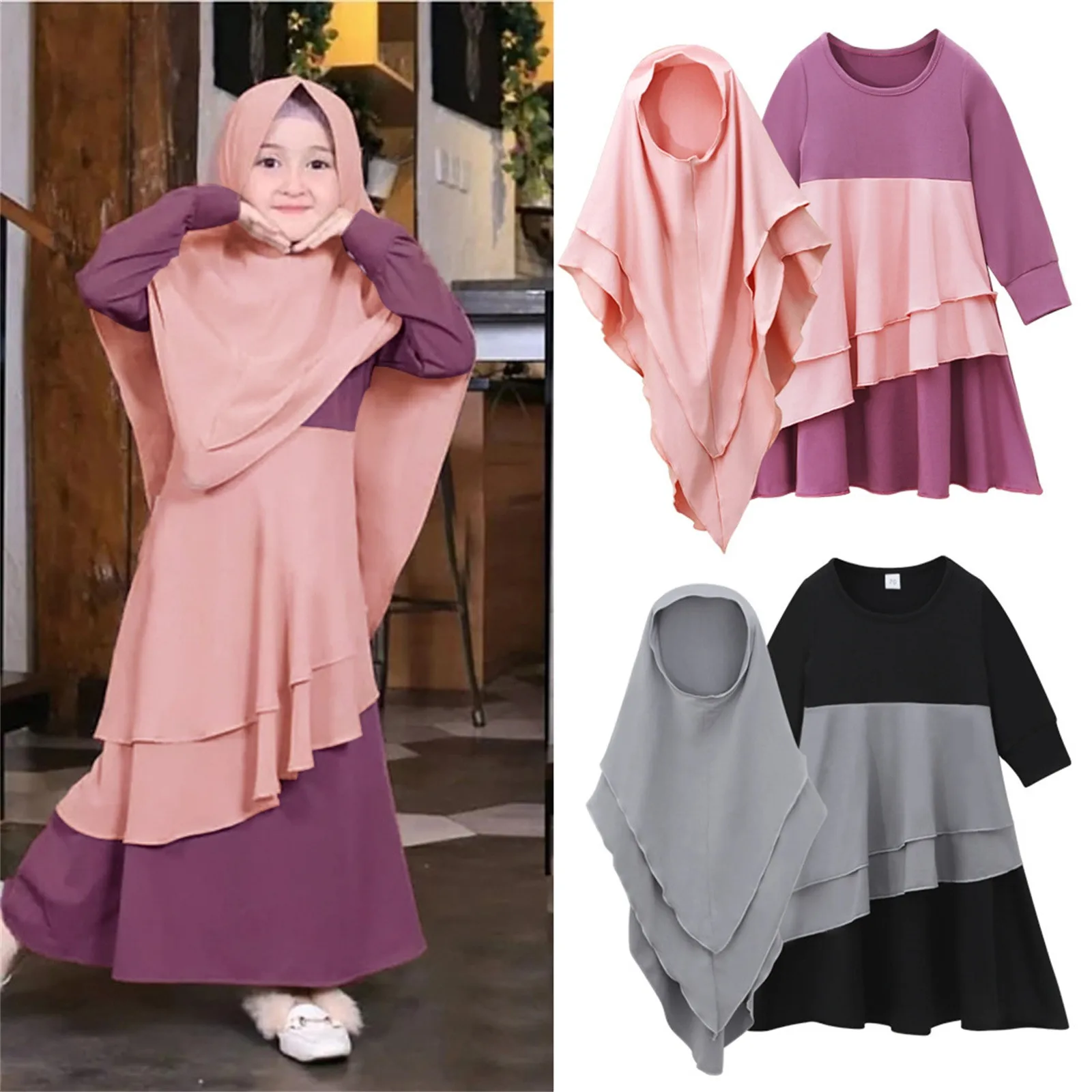 2Pcs-Muslim-Ramadan-Sets-Children-Girls-Prayer-Dresses-Hijab-Abaya-Arab ...