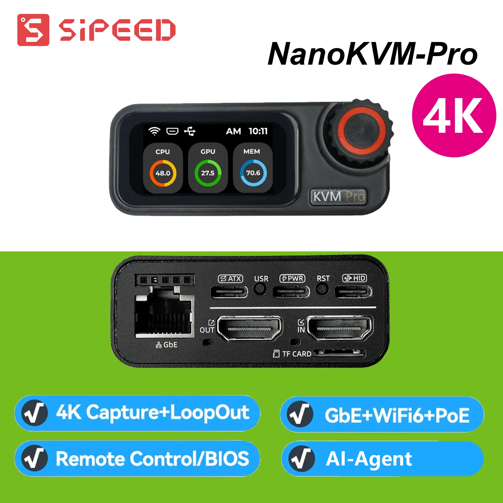 Sipeed NanoKVM-Pro 4K KVM-ATX / KVM デスク IP-KVM GbE/WiFi6/PoE サーバー/NAS ...