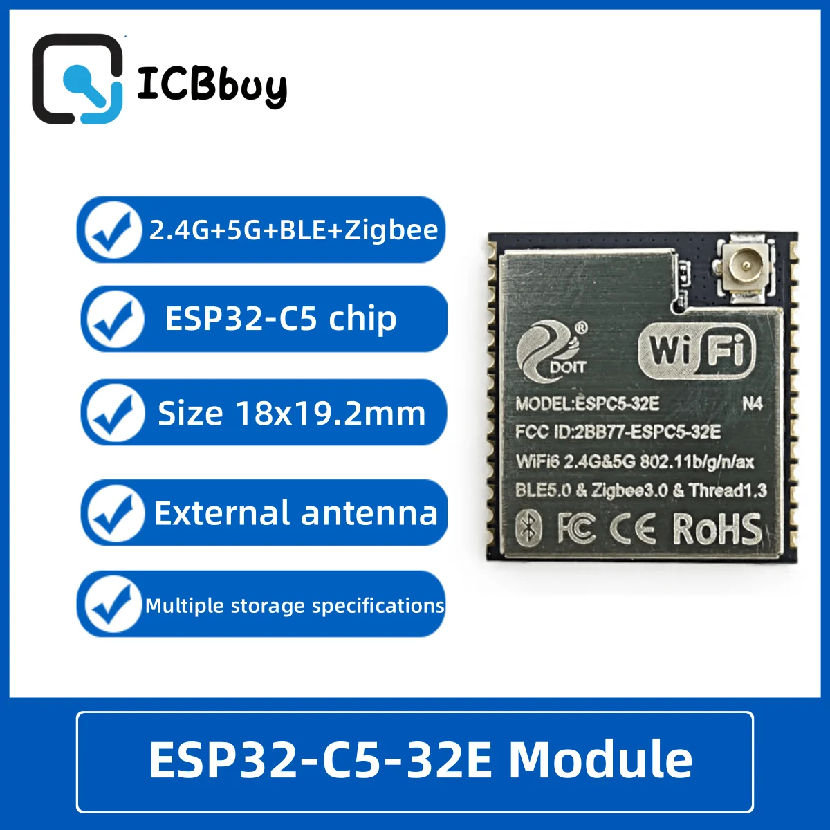 ESP32-C5 ESPC5-32E module WIFI 6 2.4G+5G+BLE compatible with C5-1U ...