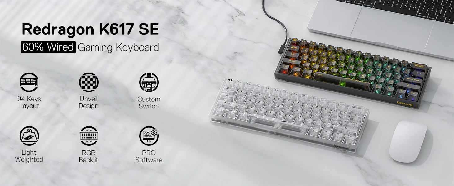 Redragon K617 SE 60% Wired RGB Gaming Keyboard, 61 Keys Compact Full ...