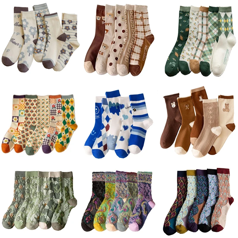 5-Pairs-Animal-Print-Cute-Long-Socks-Korean-Style-Women-Socks-Flowers ...