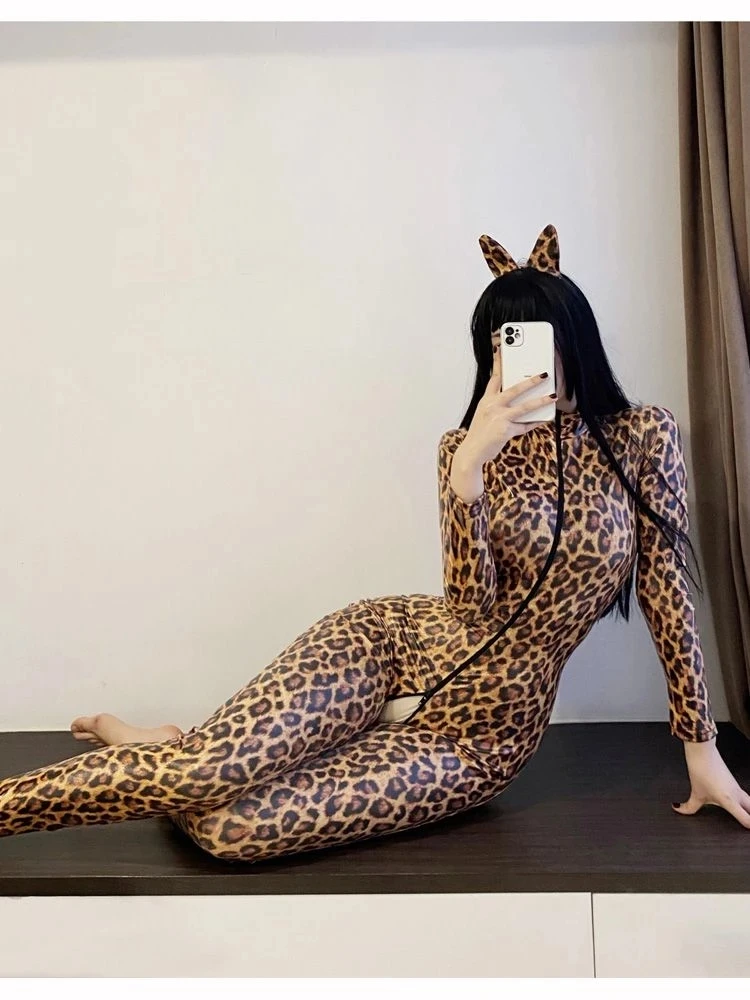 Shiny Leopard Overalls PU Leder Trikot Lange Sleeve Zipper Öffnen ...