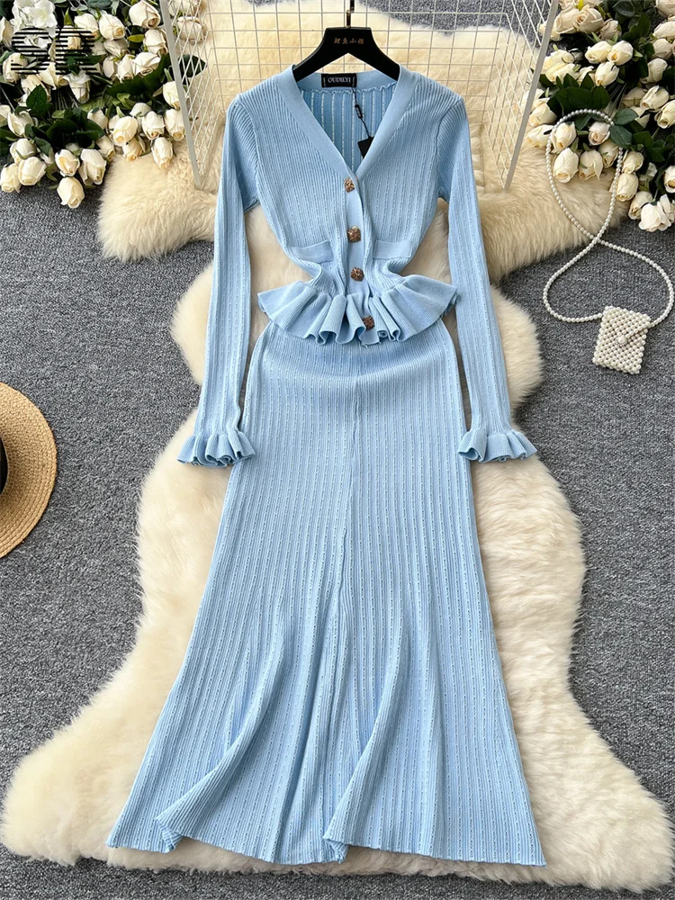 SINGREINY-Winter-Senior-Knitting-Dress-Metal-Button-Long-Sleeve-Temperament-Solid-V-Neck-Slim ...