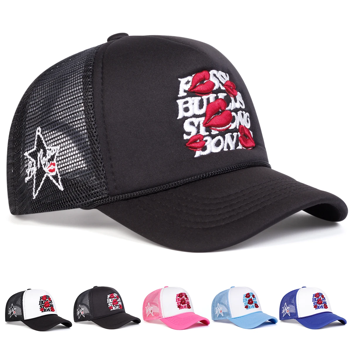 Unisex-Letter-Lips-Embroidery-Side-Pentagram-Baseball-Net-Caps-Spring ...