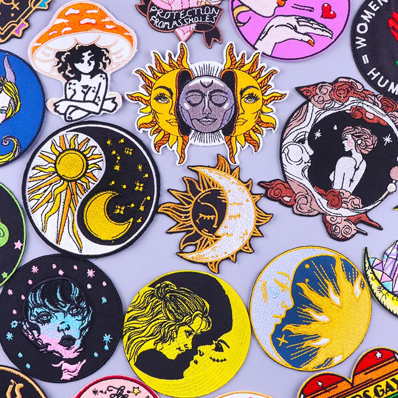 Cartoon Sun Moon Girl Patches On Clothes Hippie Letter Badges Stripes Embroidery Patch Diy Iron ...