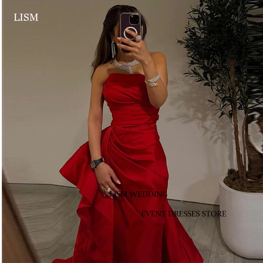 LISM Red Evening Dresses Long Strapless Pleats Prom Gowns Formal Party ...