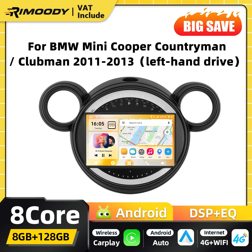 Podofo Qualcomm Carplay 2DIN Android autoradio pour BMW Mini Cooper ...