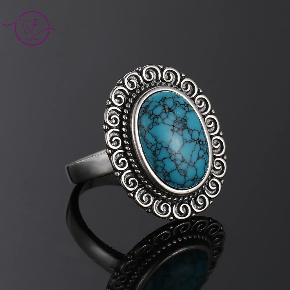 Oval 10x14mm Natural Turquoise Rings For Women Silver Jewelry Ring ...