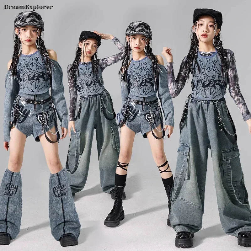 Girls K-pop Denim Crop Top Street Dance Cargo Jeans Pants Kids Hip Hop ...