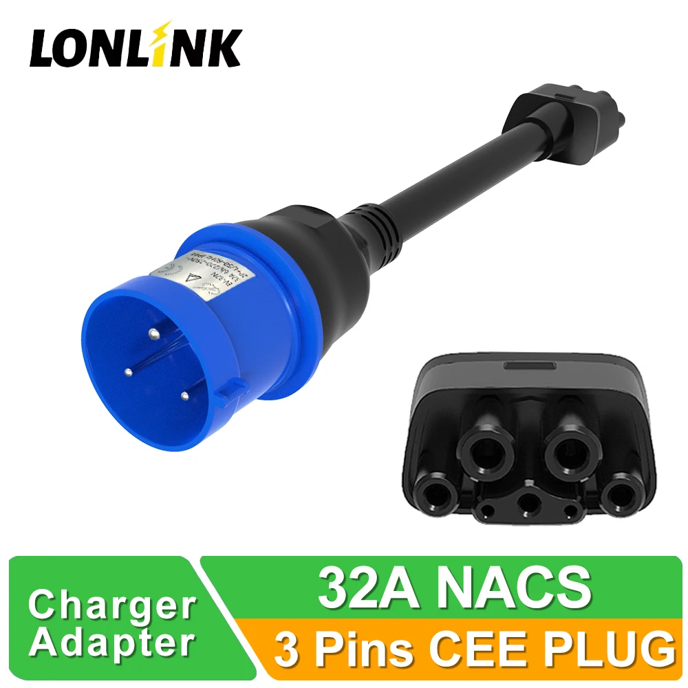 LONLINK 3 Pin Blue CEE PLUG Adapter For Tesla Model S,3,X,Y Ev charger ...
