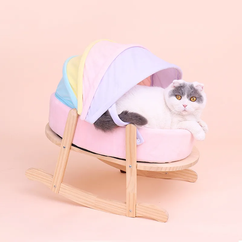Wooden-Cat-Swing-Rocking-Bed-Washable-Pet-Soft-Plush-House-Kitten ...