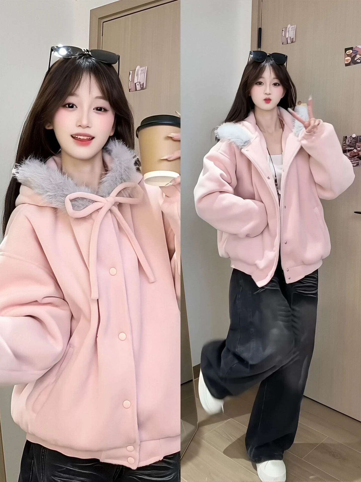 Pink Bow Tie Hooded Thiened Baseball Jaet Women's Autumn Winter Open ...