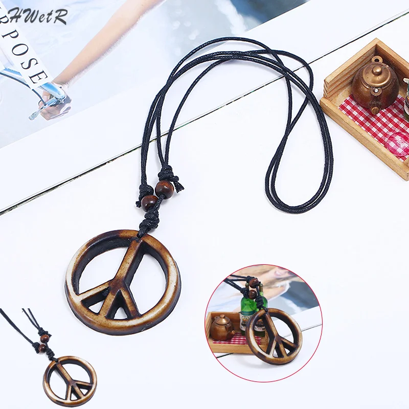 Retro Handmade Peace Symbol Pendant Necklace Long Rope Chain Ethnic ...