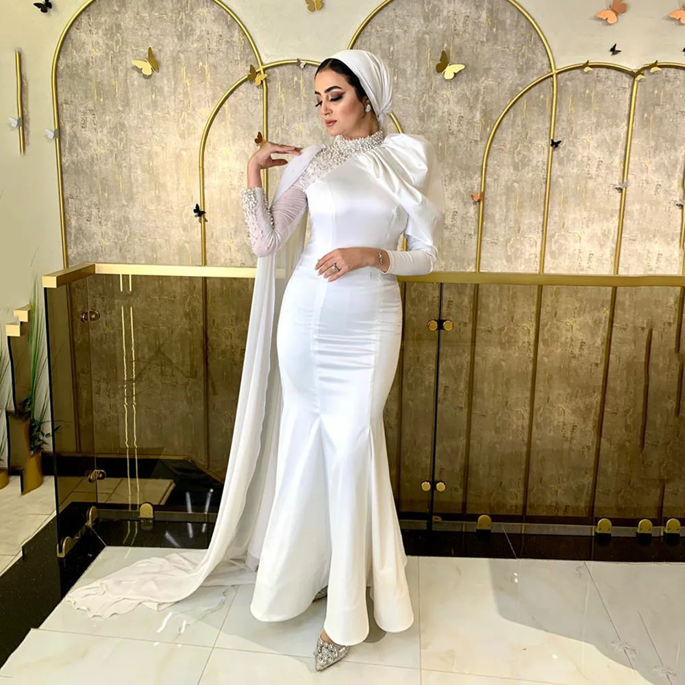 Mermaid Muslim Evening Dresses Modest Beaded Pearls Long Sleeves Dubai ...