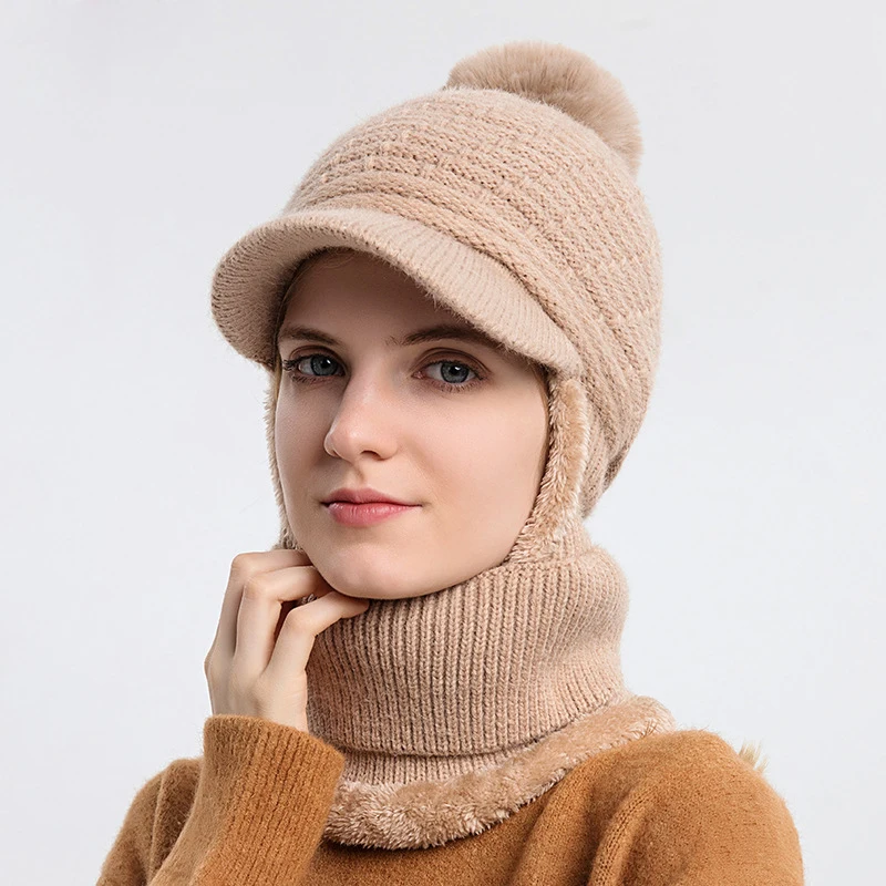 Winter Women 2-In-1 Fleece Collar Scarf Hats One-piece Warm Ear Knitted ...