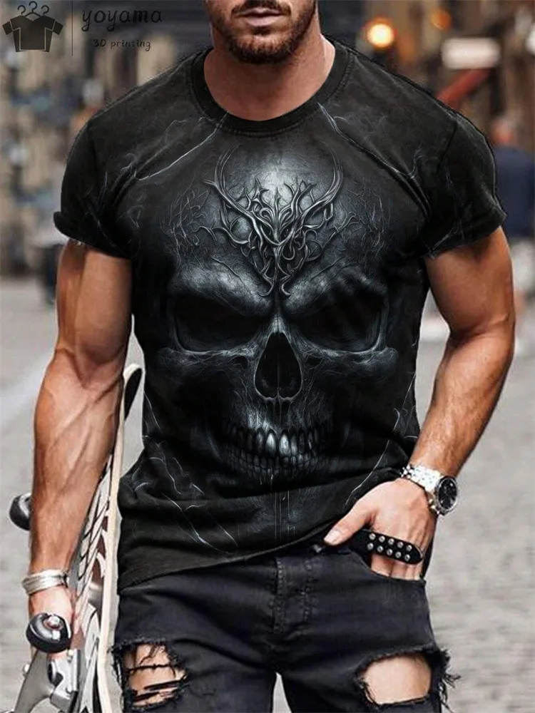 Men-s-T-Shirt-Vintage-Punk-Short-Sleeve-Skull-Print-Men-Top-Oversized ...