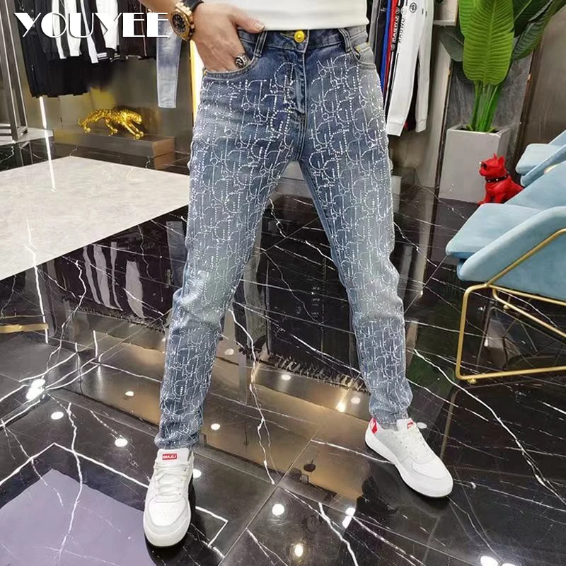 Designer Jeans Men Full Rhinestone Male Tight Pencil Pants New Fashion ...