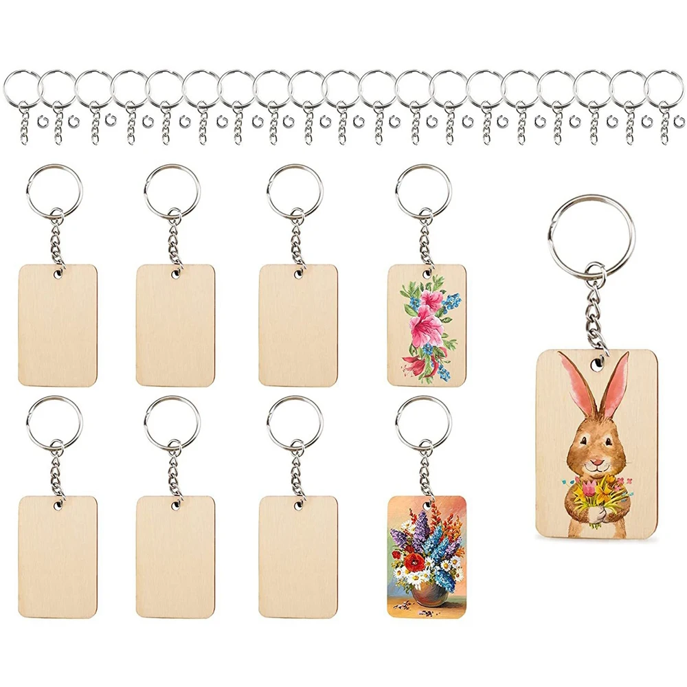 30pcs Wood Keychains Blanks Rectangle Wooden Ornaments Blank Key Ring ...