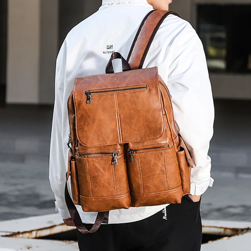 New-Men-Backpack-PU-Leather-Bagpack-Large-Laptop-Backpacks-Male ...