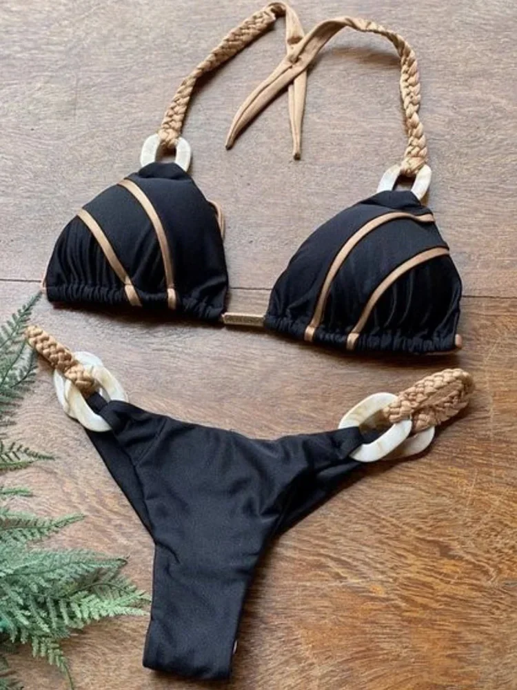 Patchwork Halter High Cut Knitted Bikini Women Swimwear Female Swimsuit ...