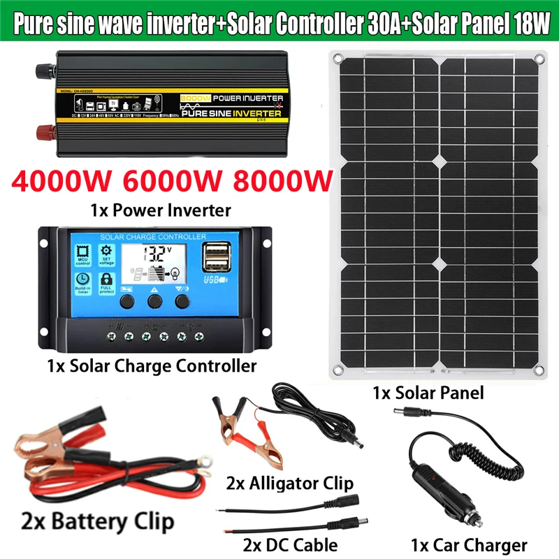 4000W/6000/8000W Solar Panel Kit Pure Sine Wave Power Inverter Home ...