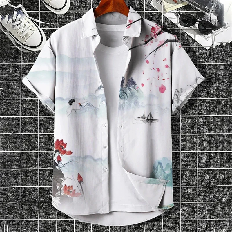 Casual-Fashion-Ink-Painting-3D-Printed-Shirts-For-Men-Clothes-Flower ...