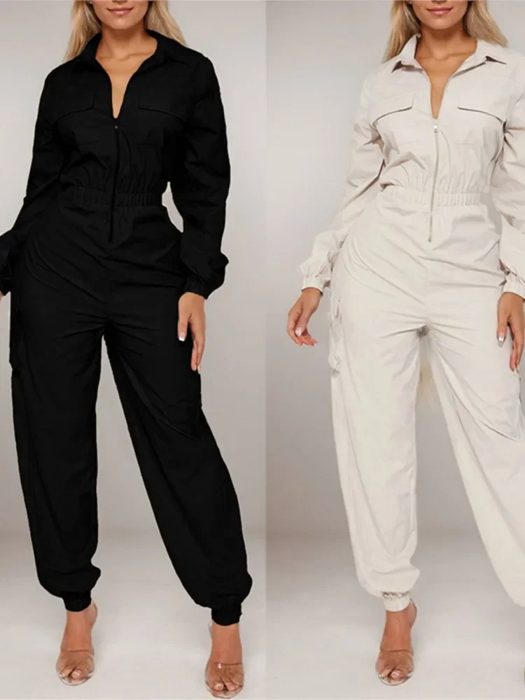 Work Jumpsuit Women's Pocket Elastic Waist Zipper Jumpsuit New Style ...