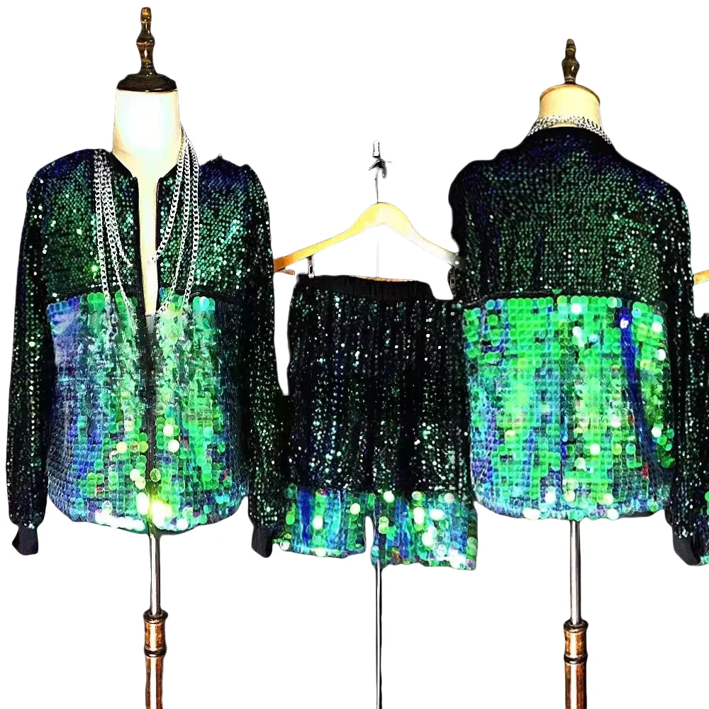 Men's Dazzling Green Sequins Baseball Uniform Set Nightclub Male singer ...