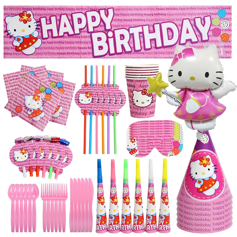 Pink Kitty Cat Theme Girls Happy Birthday Party Decoration Disposable ...