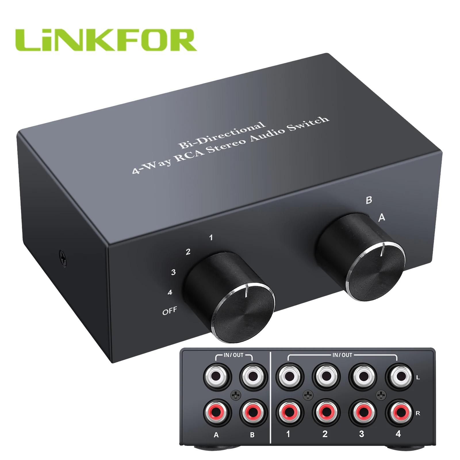 LiNKFOR 2 In 4 Out / 4 In 2 Out 4 Way Bi-Directional RCA Stereo Audio Switcher L/R Jack Sound ...