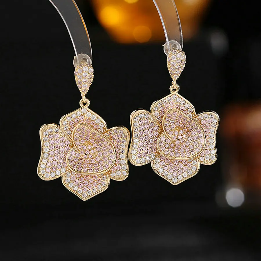 1-Pair-Trendy-Cubic-Zircon-Flower-Drop-Earring-Dangle-Luxury-Women ...