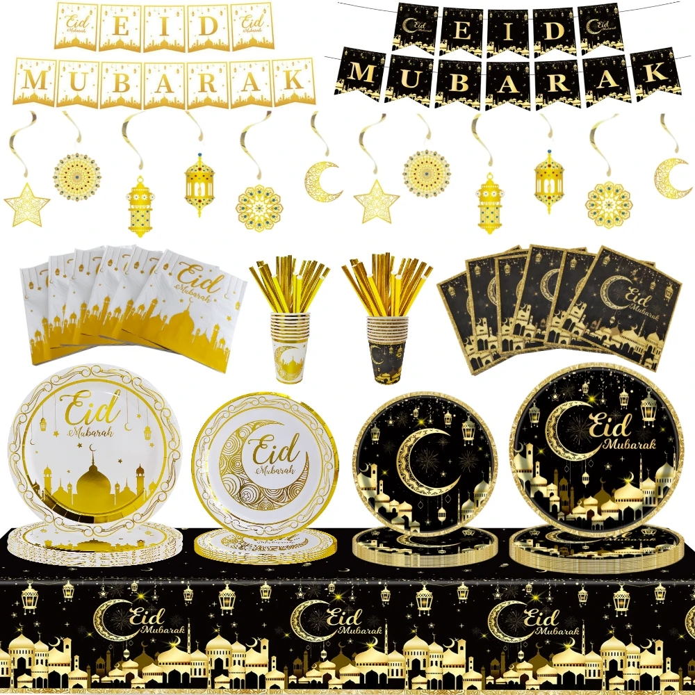 Ramadan-Decoration-Eid-Mubarak-Disposable-Tableware-Set-Gold-Plates ...