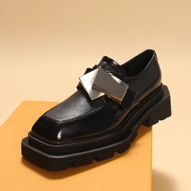 Zapatos-informales-de-piel-aut-ntica-para-mujer-mocasines-de-suela-gruesa-con-punta-cuadrada ...