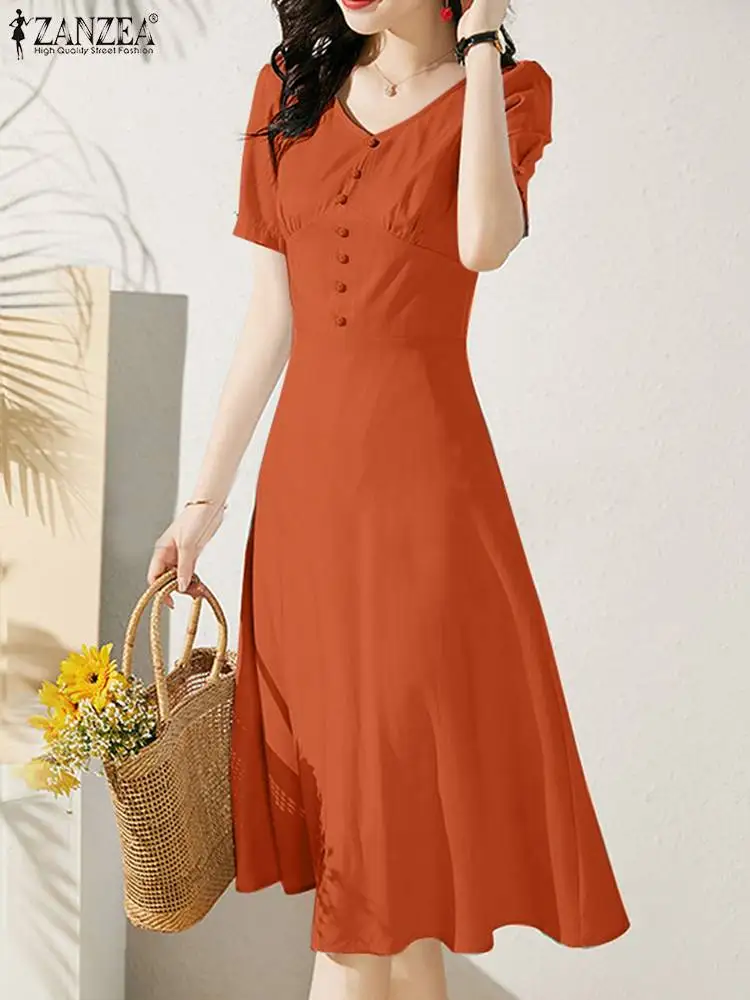 Women-Fashion-Solid-Dress-ZANZEA-Elegant-Cinched-Waist-Party-V-neck ...