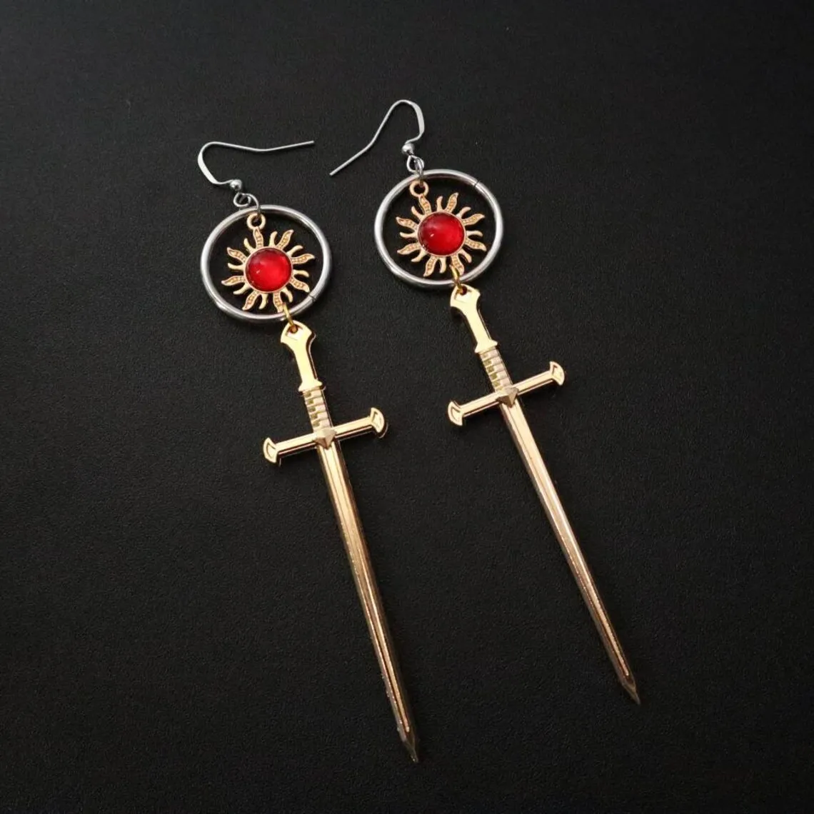 Gothic Golden Sun Sword Earrings, Golden Silver Sword Sun Earrings ...