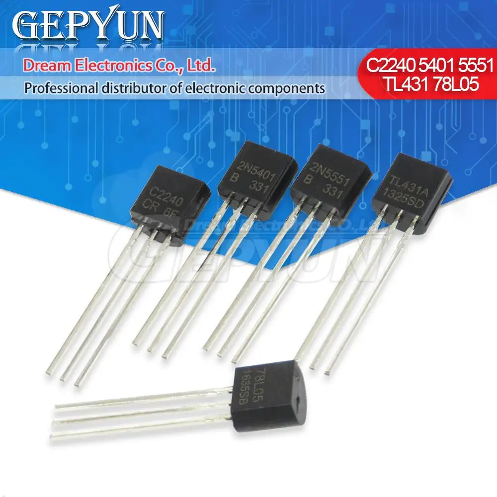 100pcs 2N5401 2N5551 TL431 TL431A 78L05 2SA970 2SC2240 2N7000 2SA992 ...