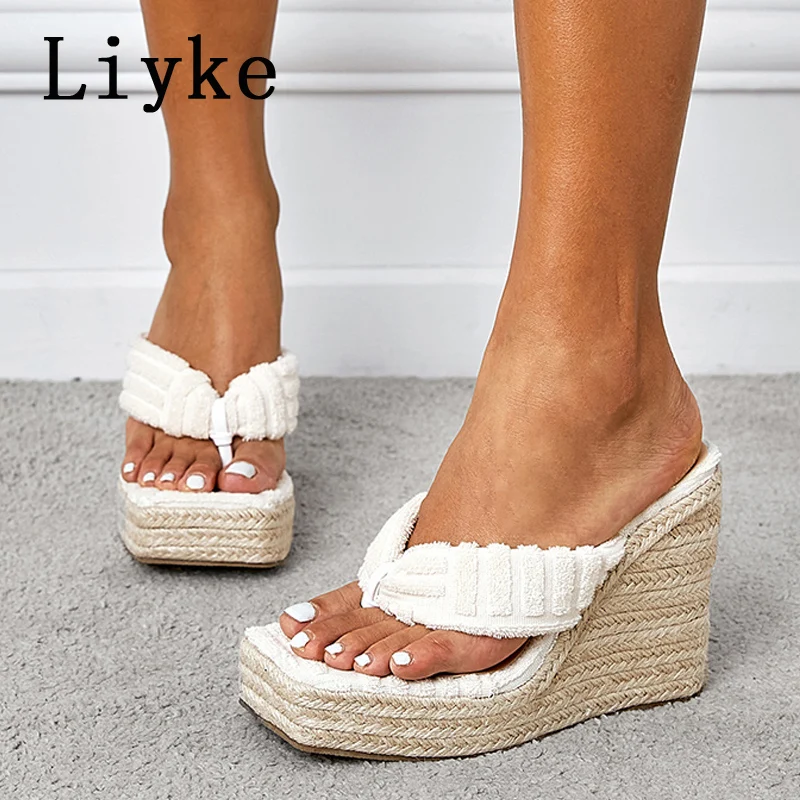 Liyke White Women Cane Straw Weave Thick Platform Slipper Summer Open ...