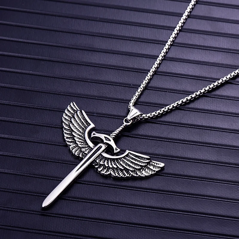 Angel Feather Wing Cross Necklace Men's Retro Punk Sword Pendant Chain ...