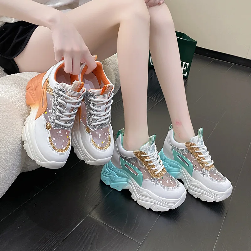 White Blue Chunky Sneakers for Ladies Spring Autumn Thick Soled Dad ...