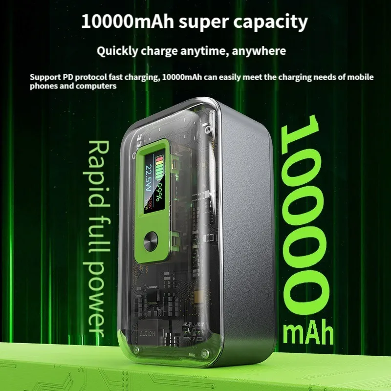 10000mAh 미니 파워 뱅크 100W PD 초고속 충전 스탠드, 아이폰, 화웨이, 샤오미, LED 포함, 투명 패션 파워 ...