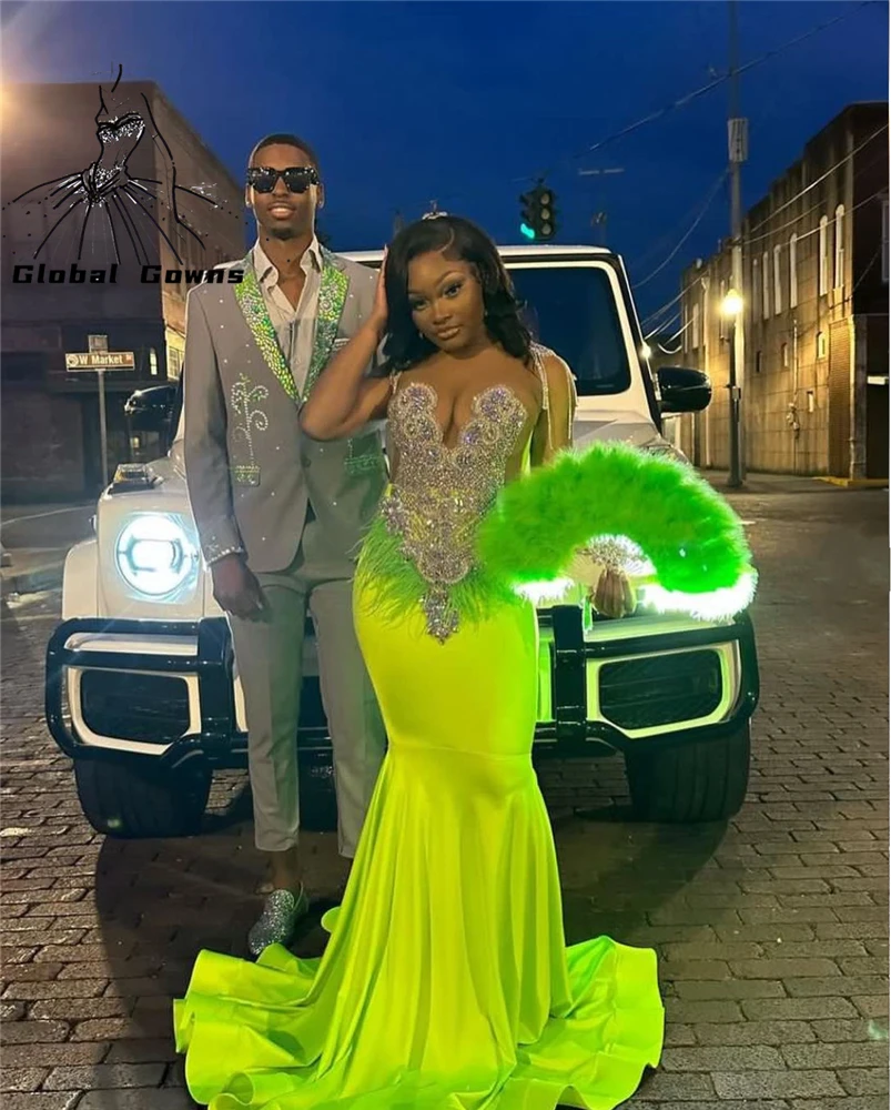 Green-O-Neck-Long-Prom-Gowns-For-Black-Girls-Beaded-Crystal-Rhinestone ...