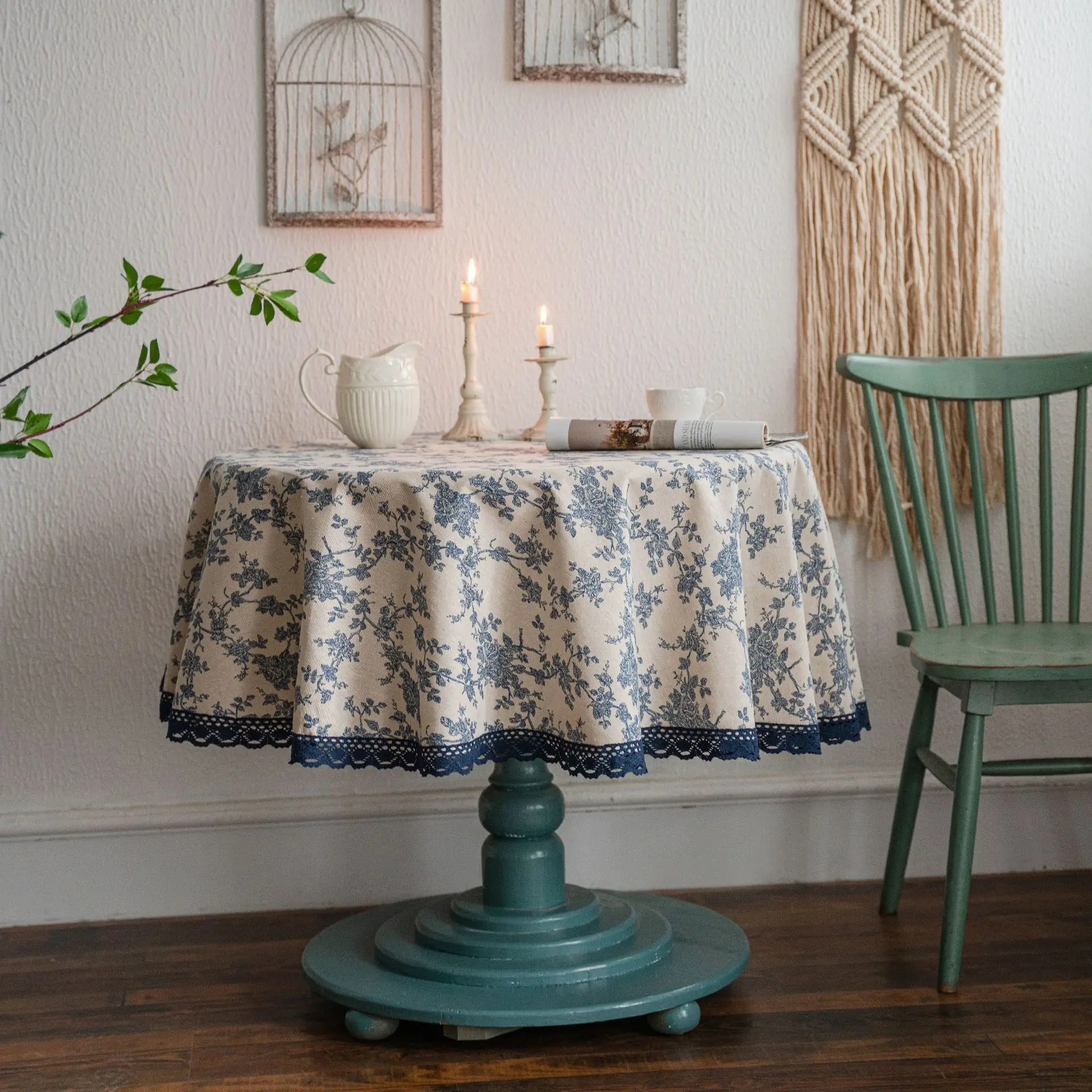 Blue-Rose-Printed-Tablecloth-Table-Cloth-Pastoral-Cotton-Linen-Retro ...
