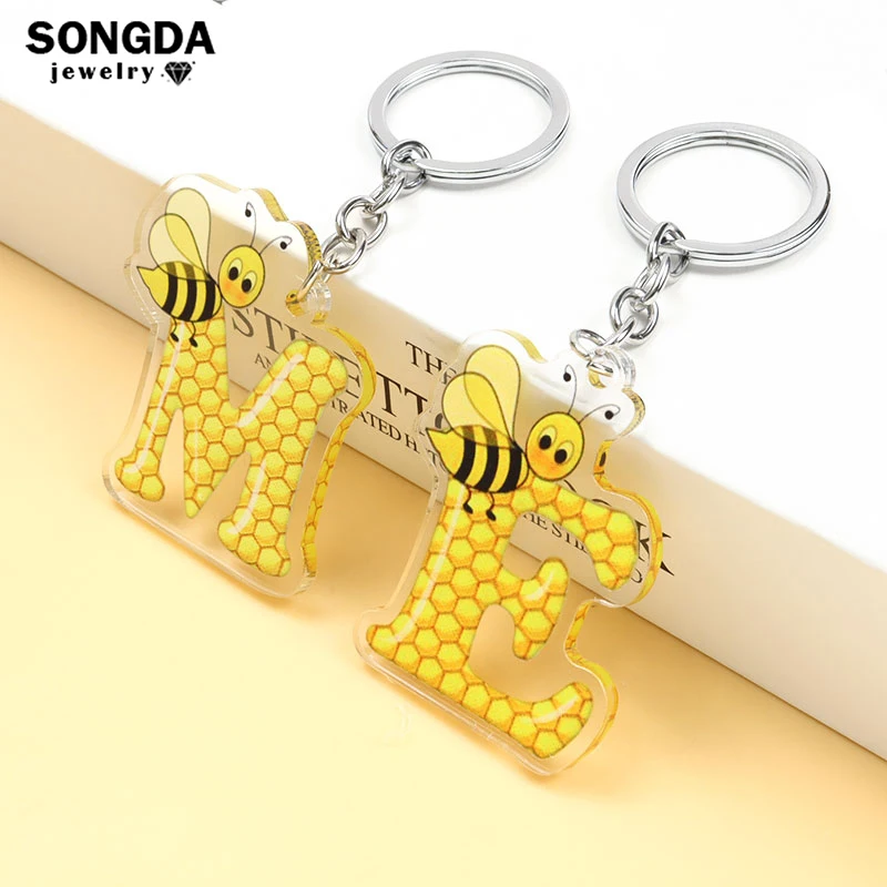 Cartoon-Letters-Acrylic-Keychains-Cute-Bee-Honeycomb-Pattern-English ...