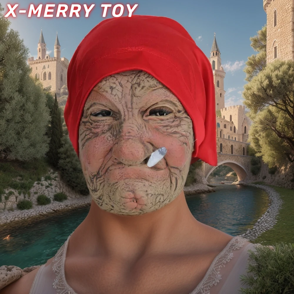 Scary-Old-Lady-Masks-Smoking-Granny-Mask-Wrinkled-Face-and-Red-Scarf ...