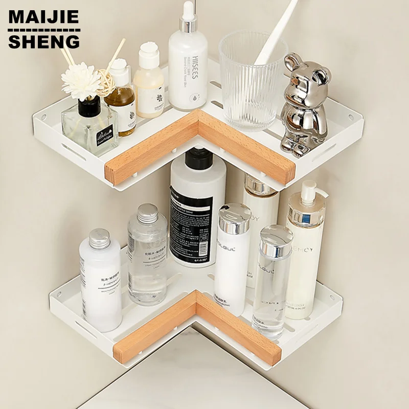 Wall-Mounted-Bathroom-Shelf-Corner-Space-Aluminum-Wood-Triangle-Basket ...